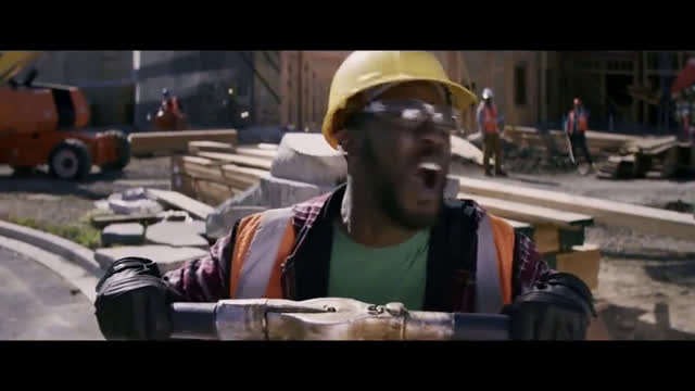 geico man imagining drives motorcycle jackhammer ad